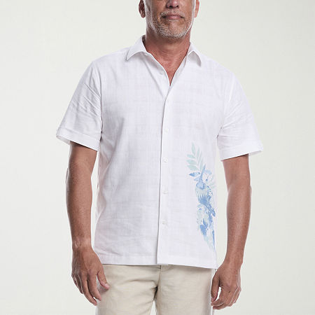 Cubavera Mens Tropical Placement Print Short Sleeve Button-Front Shirt - Brilliant White
