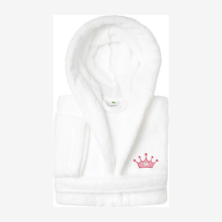 Linum Home Kids Crown Super Plush Double Brushed Hooded Bathrobe - White/Pink