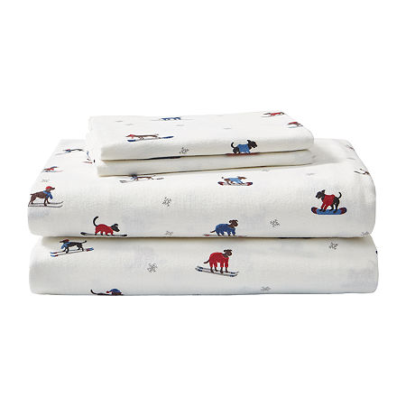 Eddie Bauer Printed Cotton Flannel 4-Pc. Sheet Set  Full - Dog Ski Patrol