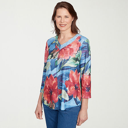 Alfred Dunner El Paso Womens V Neck 3/4 Sleeve T-Shirt  X-large  Blue