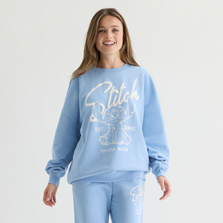 Stitch Womens Juniors Crew Neck Long Sleeve Embroidered Lilo & Stitch Sweatshirt  Medium  Blue