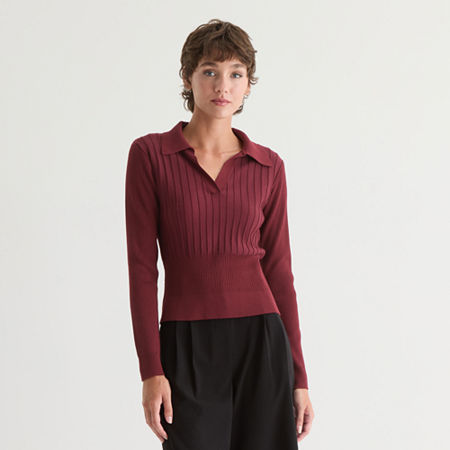 by&by Juniors Womens Long Sleeve Polo Sweater  X-small  Red