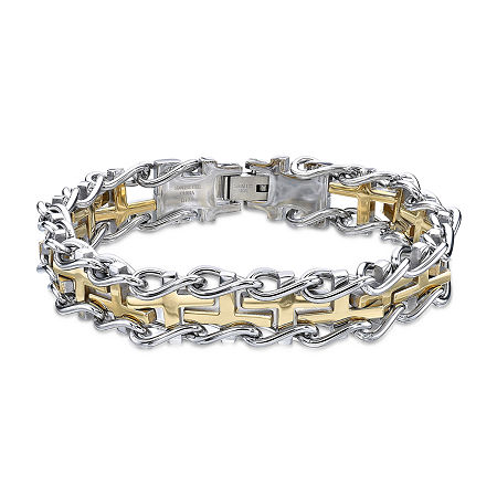 Click here for Mens Stainless Steel and Gold Ion Plated Cross Lin... prices