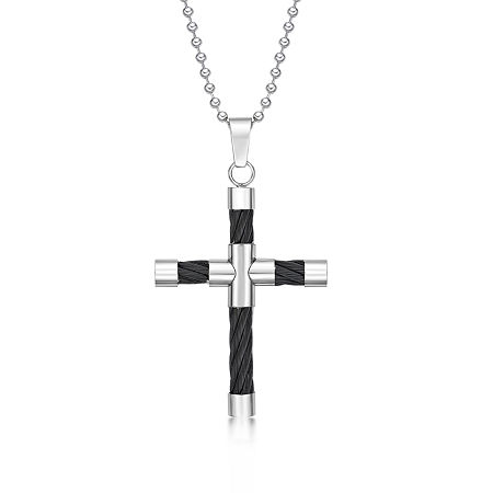 Click here for Mens Stainless Steel & Black IP Cable Cross Pendan... prices