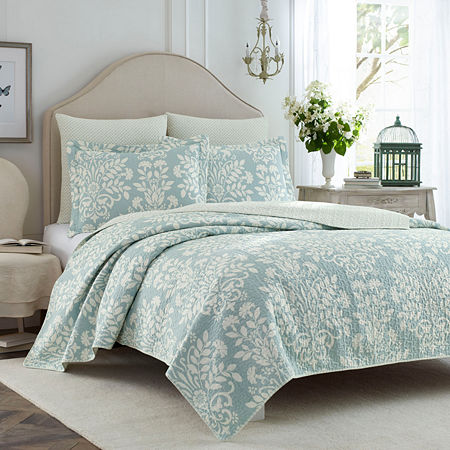 Laura Ashley Rowland Cotton Reversible 3 Piece Quilt Set  King - Breeze Blue