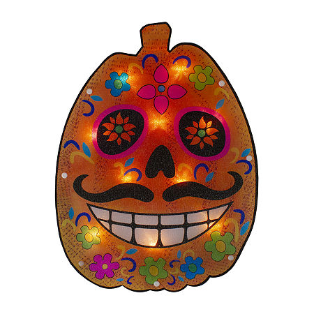 Lighted Sugar Skull Pumpkin Halloween Window Silhouette  15 - Orange