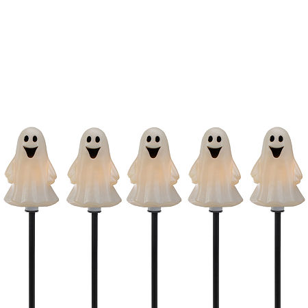 Ghost Shaped Halloween 5 Piece Pathway Markers with 3.75 Black Wire Set - White