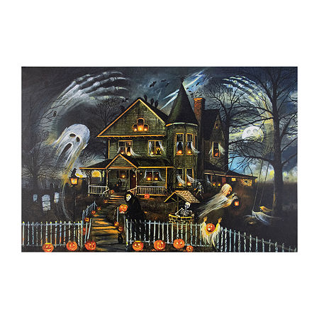 Led Lighted Creepy Haunted House Halloween Canvas Wall Art  23.5 x 16 - Orange