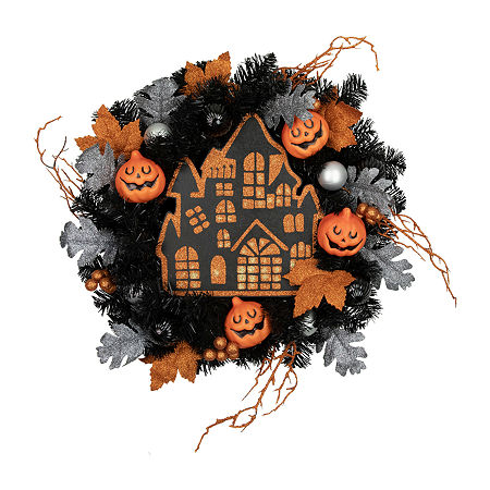 Click here for Northlight 24in Orange And Black Haunted House Wre... prices