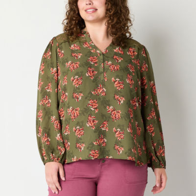 Frye and Co. Plus Womens Split Crew Neck Long Sleeve Blouse, Color ...