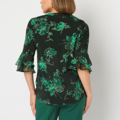 Black Label by Evan-Picone Womens Split Crew Neck 3/4 Sleeve Blouse ...