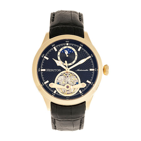 Heritor Automatic Gregory Gold Case  Genuine Black Leather Watch 45mm - Black