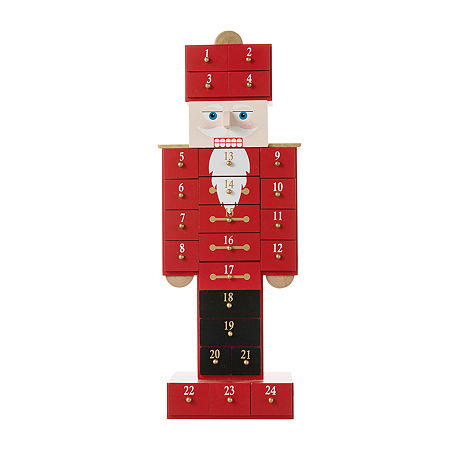 Glitzhome 17.25 Wooden Christmas Nutcracker Countdown Calendar Decor and Drawer - Red