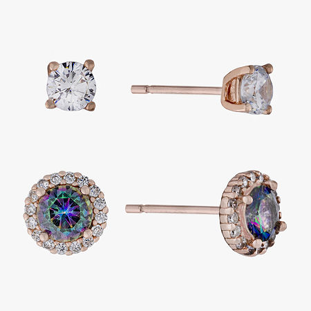 Athra Rose Gold Over Silver 2-Piece CZ Stud Earrings Set