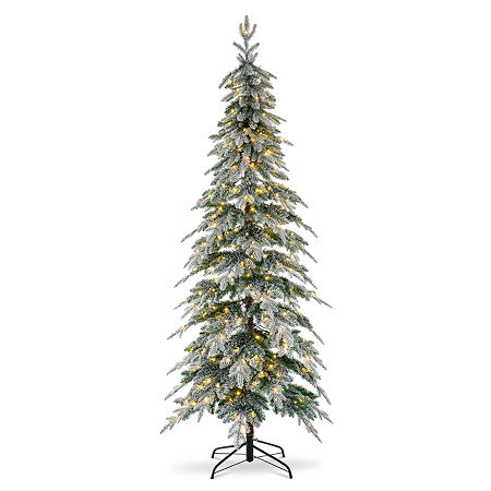 Glitzhome 7.5 Pre-Lit Flocked Pencil Spruce Artificial Christmas Tree with 350 Warm White Lights - Green