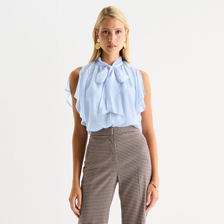 Click here for Worthington Womens Split Tie Neck Short Sleeve Blo... prices