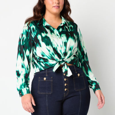 Bold Elements Plus Womens Long Sleeve Satin Blouse, Color: Teal Blurred ...