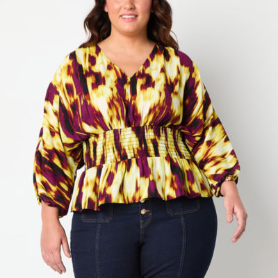 Bold Elements Plus Womens V Neck 3/4 Sleeve Blouse, Color: Red Blurred ...