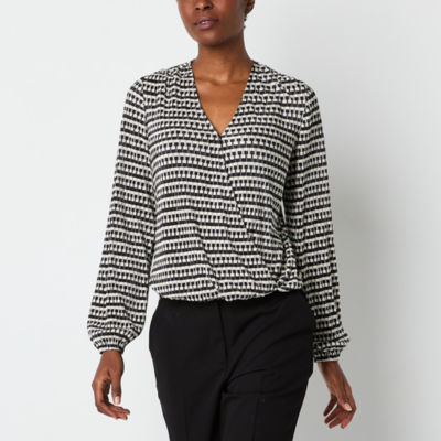 52seven Womens V Neck Long Sleeve Blouse, Color: Ivory Blk - JCPenney