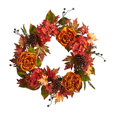 25 Fall Ranunculus  Hydrangea and Berries Autumn Artificial Wreath - Orange