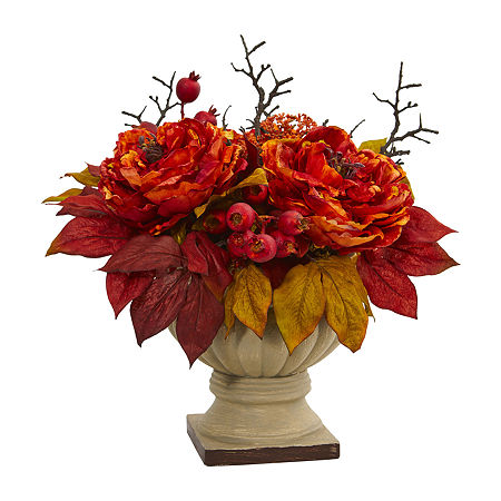 Nearly Natural 15 Peony and Sedum Artificial Arrangement - Orange