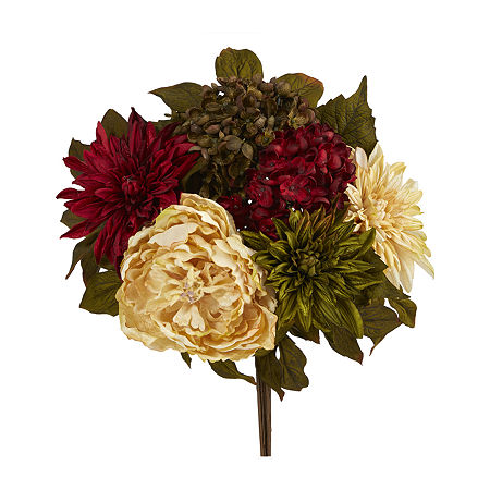 Nearly Natural Set Of 2 Peony Hydrangea & Dahlia Faux Artificial Flowers  One Size  Green