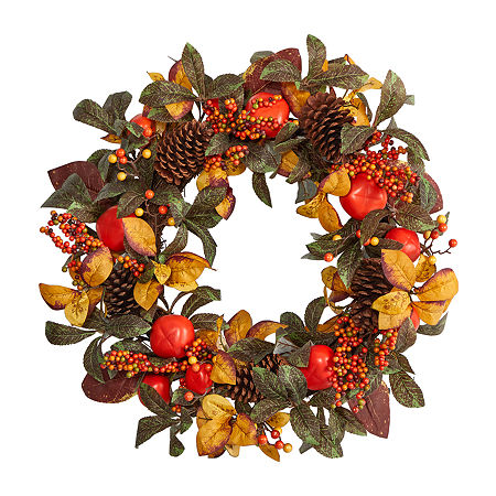 Click here for Nearly Natural 26 Persimmon & Pinecones Faux Wreat... prices