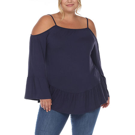 White Mark Plus Size Cold Shoulder Ruffle Sleeve Top - Navy