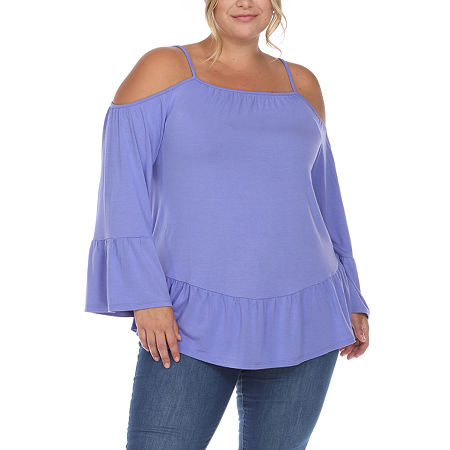 White Mark Plus Size Cold Shoulder Ruffle Sleeve Top - Purple