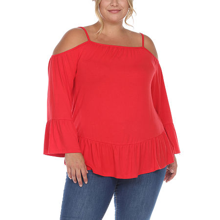White Mark Plus Size Cold Shoulder Ruffle Sleeve Top - Red