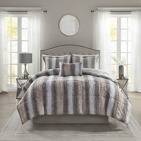 Madison Park Zuri Faux-Fur 4-Pc. Comforter Set  Full/Queen - Blush/grey