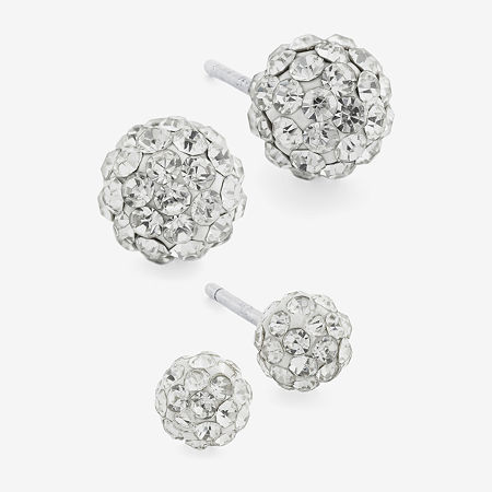 Silver Treasures Womens Crystal Sterling Silver Ball 2 Pair Earring Set  One Size