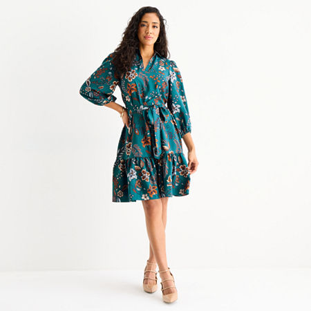 Willow Glenn Womens 3/4 Sleeve Leaf Fit + Flare Dress  12 Petite  Blue