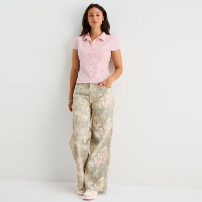 Forever 21 Womens Juniors Cap Short Sleeve Relaxed Fit Poplin Button ...