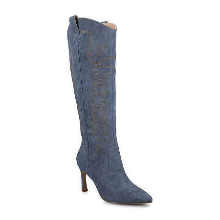 Journee Collection Womens Laramie Embroidery Detail Knee High Western Boots - Denim