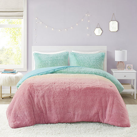 Intelligent Design Primrose Ombre Shaggy Faux Fur 3-Piece Comforter Set  Full/Queen - Aqua Multi
