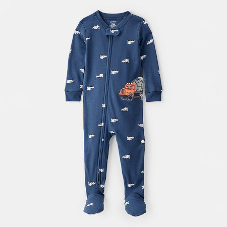 Carters Baby Boys Construction-Print Cotton Long-Sleeve 2-Way-Zip 1-Piece Footed Pajamas - Blue