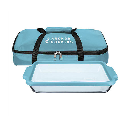 Anchor Hocking 3-Piece 3 Quart Oven Basics Bake Dish with TrueFit Lid and Tote Set - Clear Glass  Mineral Blue