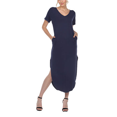 Womens Short Sleeve V-Neck Maxi Dress - Navy