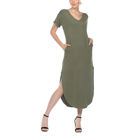 Womens Short Sleeve V-Neck Maxi Dress - Olive