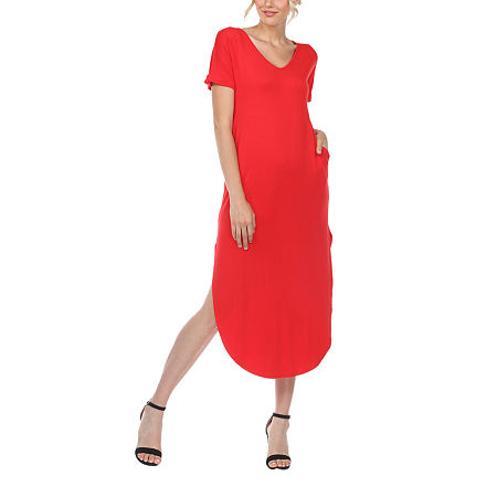 Womens Short Sleeve V-Neck Maxi Dress - Red