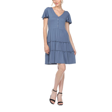 Womens Short Sleeve V-Neck Tiered Dress - Blue