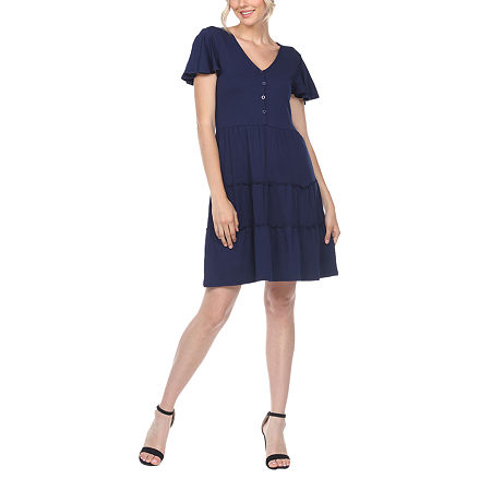 Womens Short Sleeve V-Neck Tiered Dress - Navy