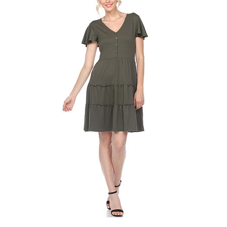 Womens Short Sleeve V-Neck Tiered Dress - Olive