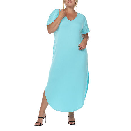 Plus Size Short Sleeve V-neck Maxi Dress - Aqua
