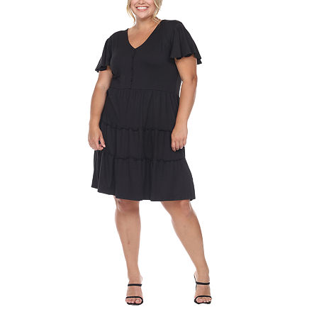 White Mark Plus Size Short Sleeve V-neck Tiered Midi Dress - Black
