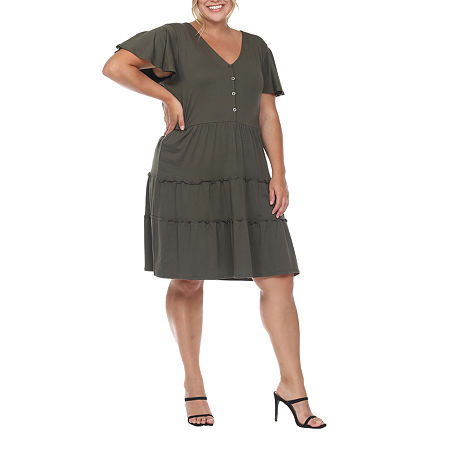 White Mark Plus Size Short Sleeve V-neck Tiered Midi Dress - Olive