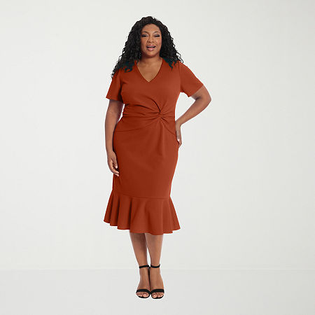 London Style Womens Short Sleeve Midi Plus Sheath Dress  24w  Brown
