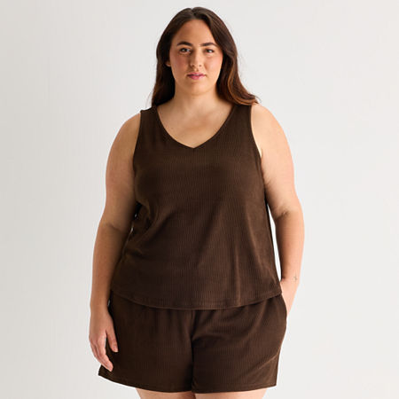 Ambrielle Womens Rib V Neck Sleeveless Plus Pajama Top  1x  Brown