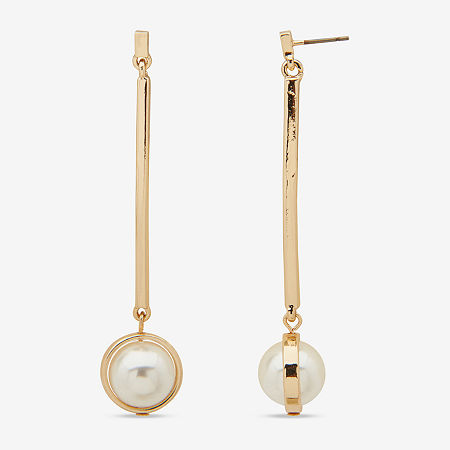 Click here for Worthington Linear Womens Simulated Pearl Drop Ear... prices